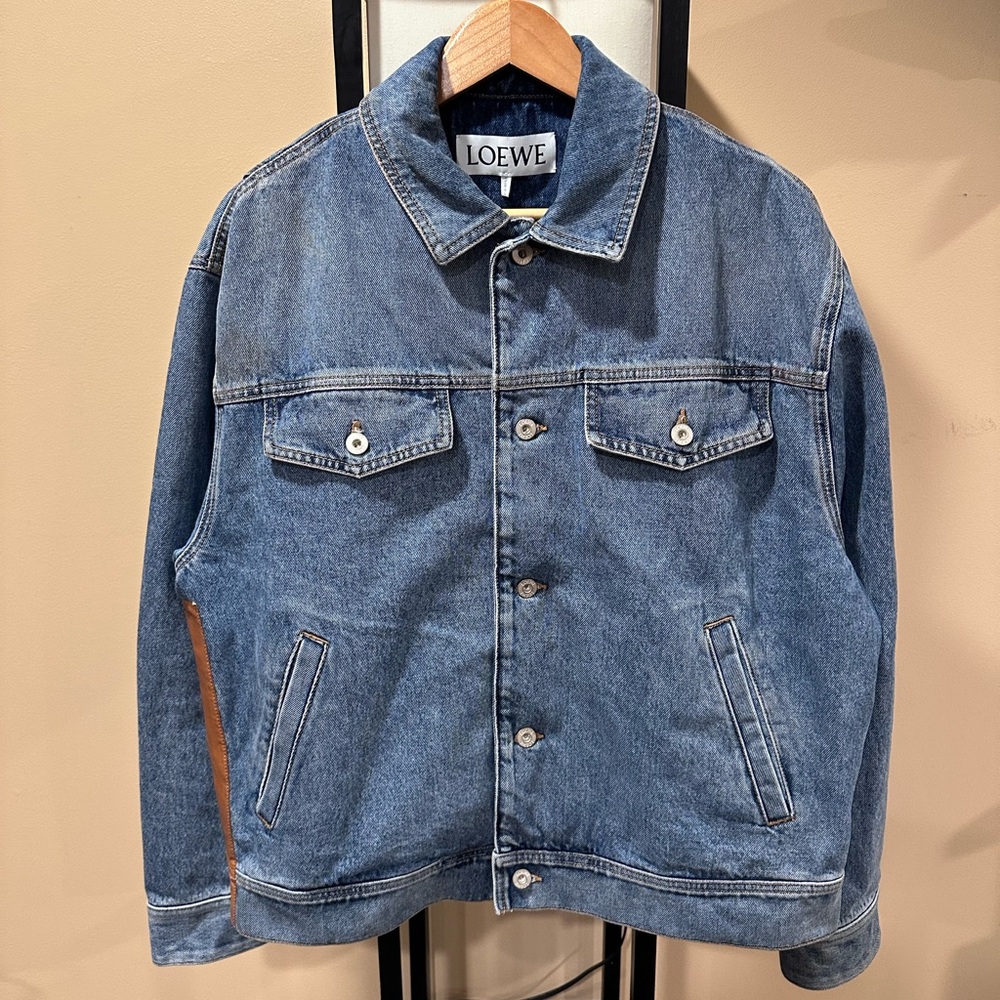 Loewe Leather Panelled Patch Logo Blue Denim Jacket - Gem